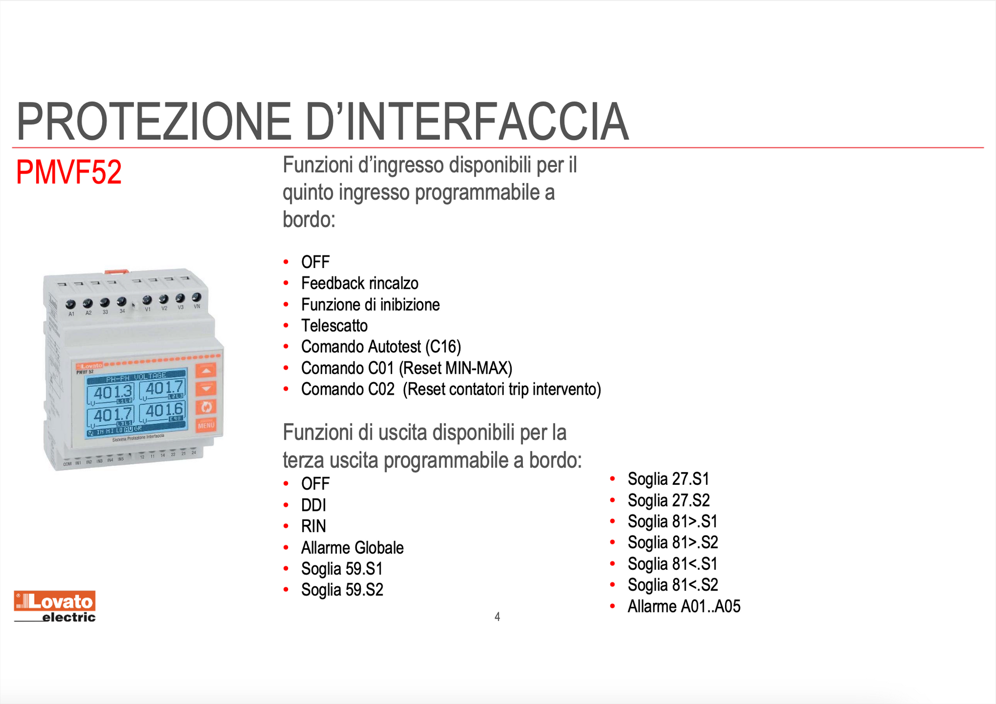 Lovato PMVF52 - NUOVO RELE'/ SISTEMA DI PROTEZIONE DI INTERFACCIA (SPI ...